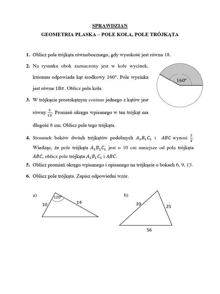 Sprawdzian - Geometria Płaska-Pole Trójkąta | PDF