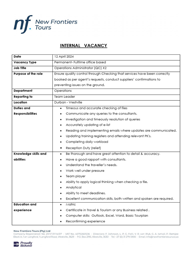 Operations Administrator Vacancy - Durban | PDF