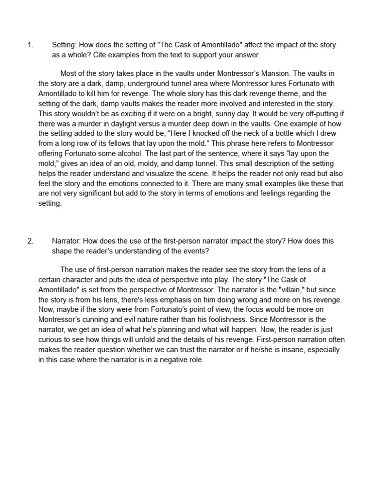 The Cask of Amontillado Questions Assignment | PDF | Narration