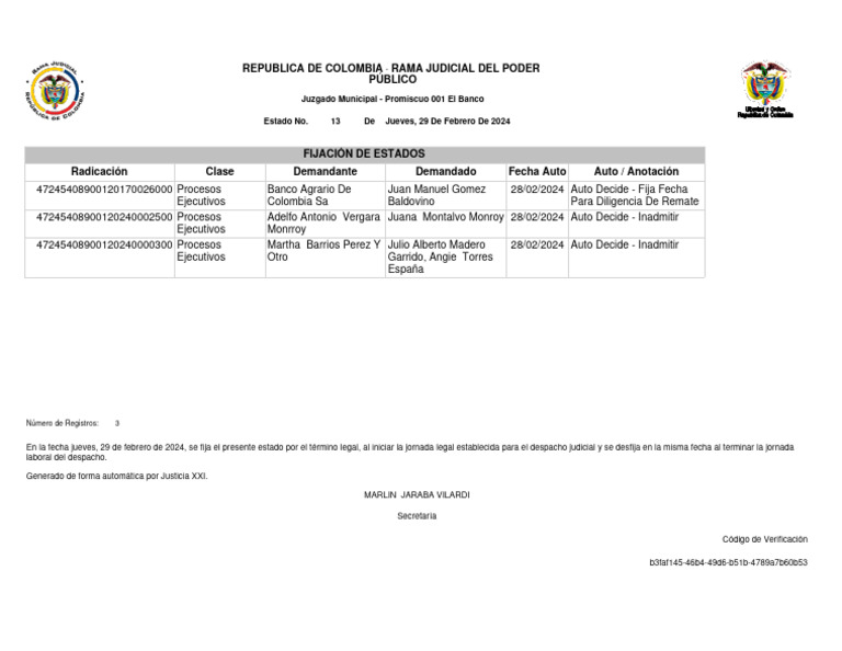 Juzgado Municipal - Promiscuo 001 El Banco - 29-02-2024 | PDF