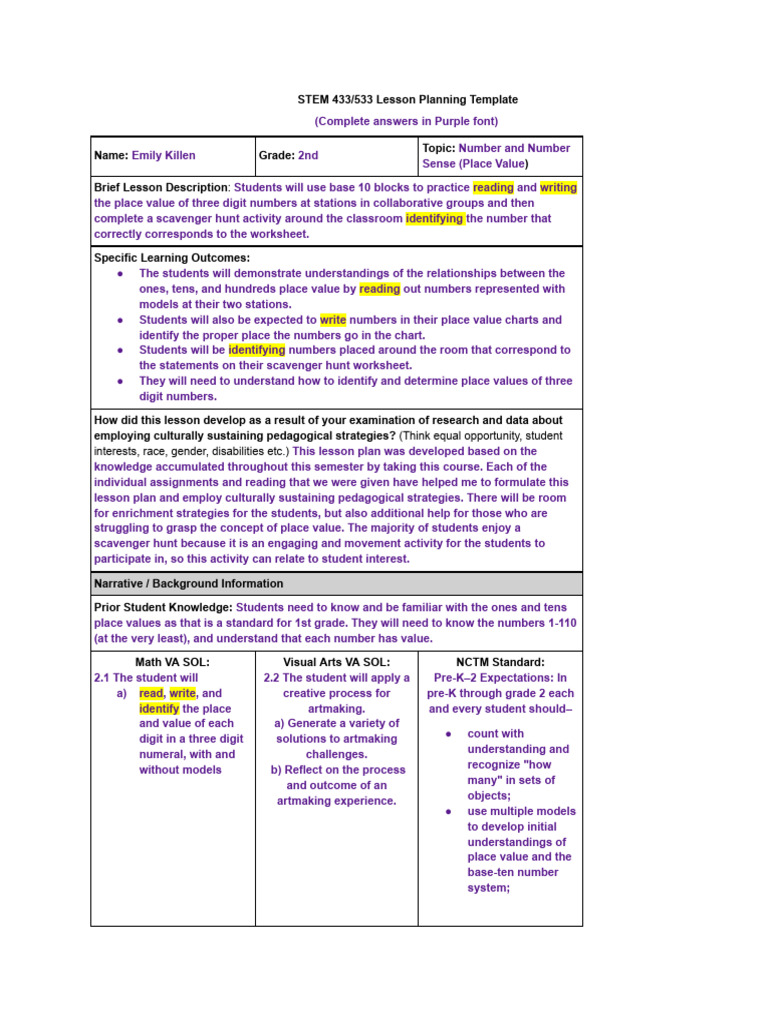 STEM Lesson Plan: Place Value Activities | PDF | Lesson Plan | Behavior ...
