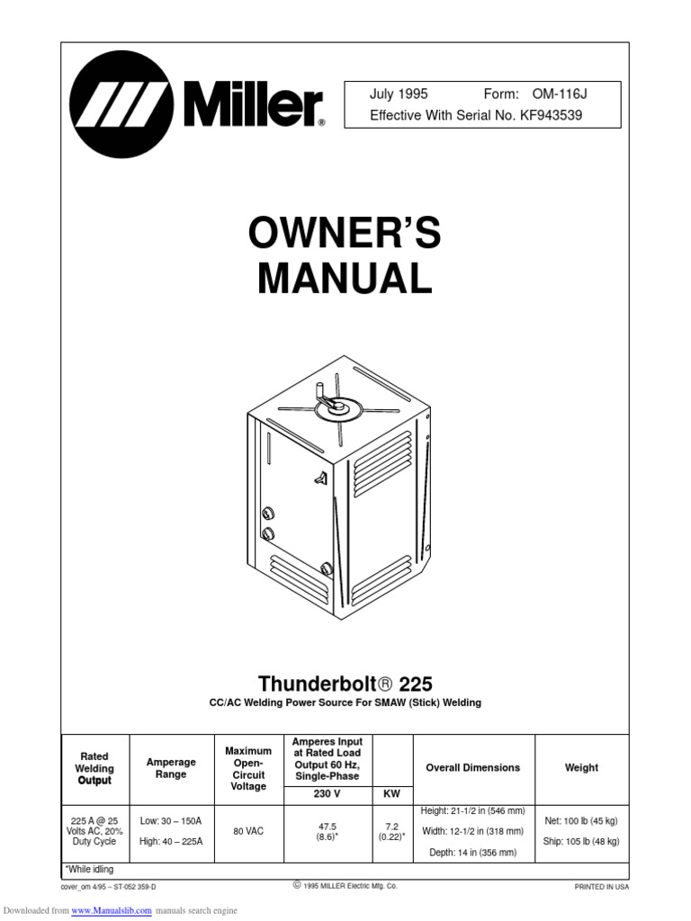 Miller Welds Thunderbolt 225 Manual | PDF | Welding | Construction