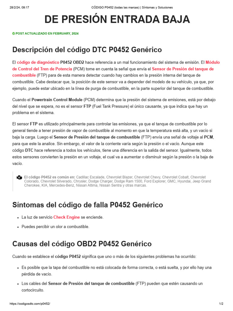CÓDIGO P0452 (Todas Las Marcas) - Síntomas y Soluciones | PDF | Tanques | Vehículos