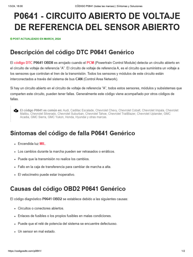 CÓDIGO P0641 (Todas Las Marcas) - Síntomas y Soluciones | PDF ...