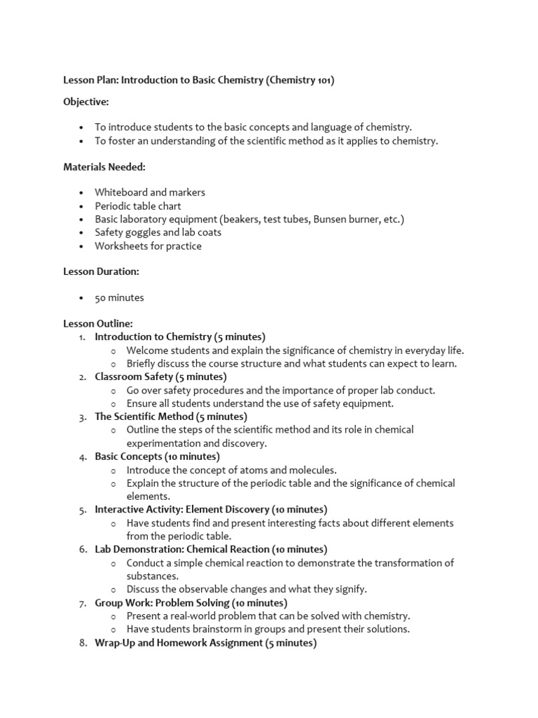 Lesson Plan Introduction To Basic Chemistry (Chemistry 101) | PDF ...
