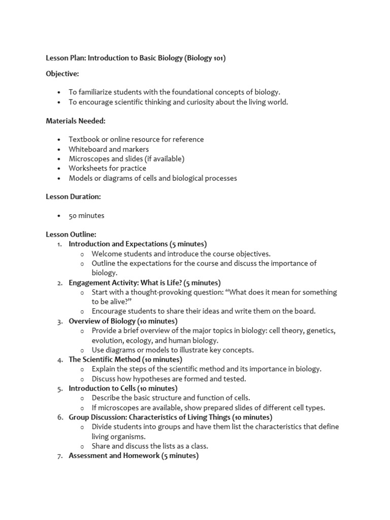 Lesson Plan Introduction To Basic Biology (Biology 101) | PDF | Lesson ...