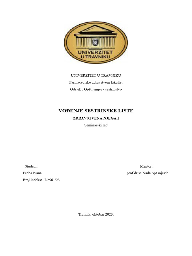 Vođenje Sestrinske Dokumentacije | PDF