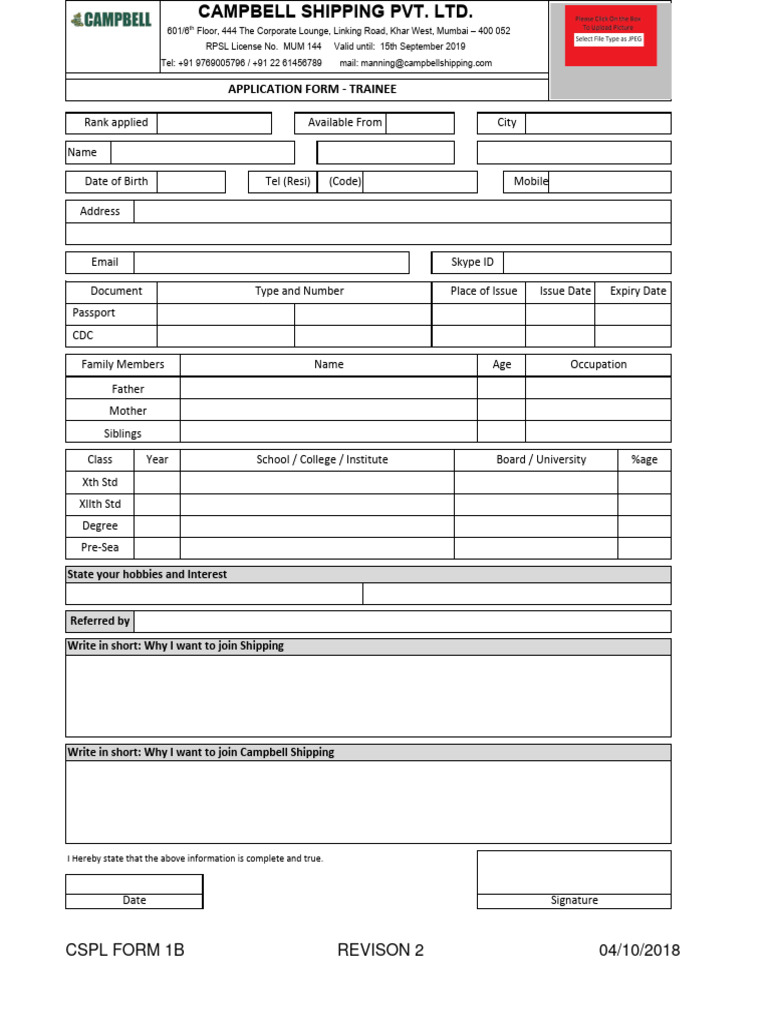 Campbell Shipping Trainee Application Form | PDF