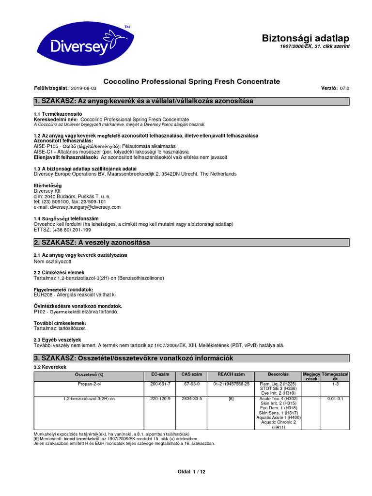 Biztonsagi Adatlap Diversey Coccolino Professional Oblito Spring Fresh | PDF