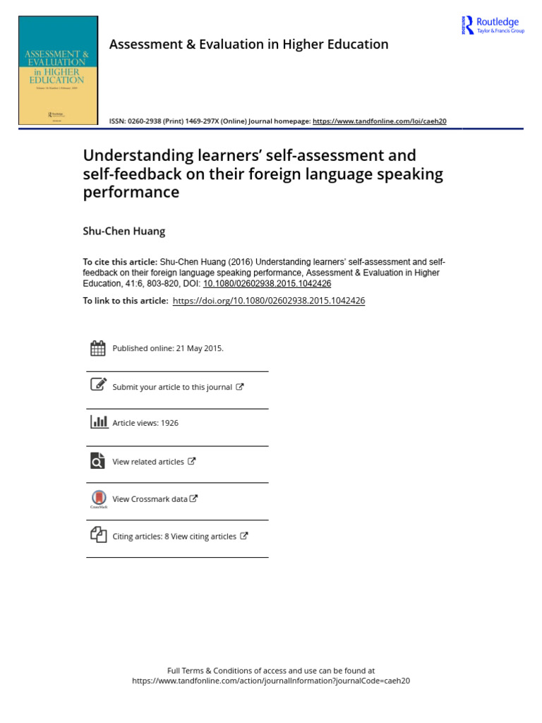 Understanding Learners Self Assessment and Self Feedback On Their ...