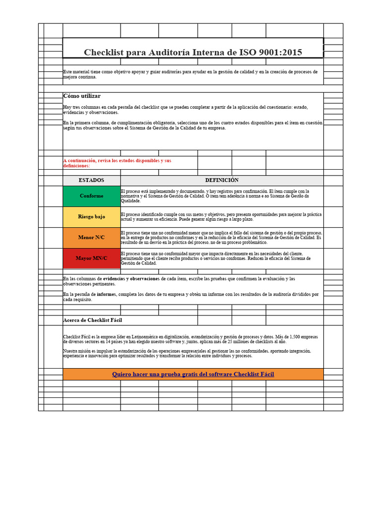 Es Modelo de Checklist Auditoria Interna de ISO 9001 | Descargar gratis ...