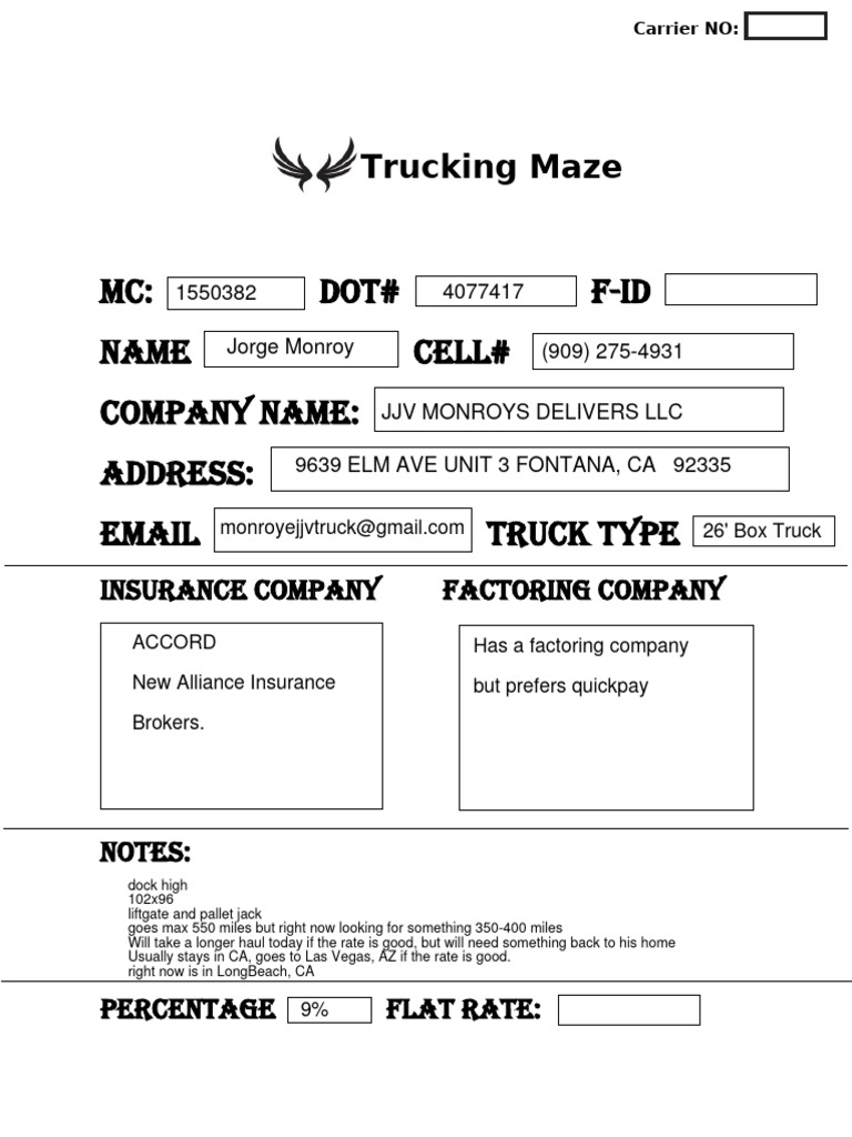 Trucking Maze LLC Carrier Packet | PDF