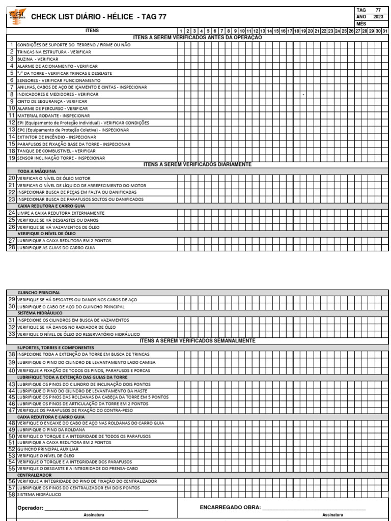 CHECK-LIST DIÁRIO - HÉLICE 77 | PDF
