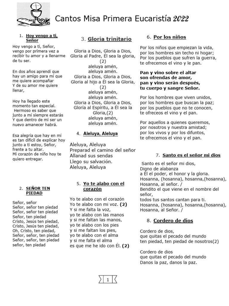 Cantos Misa 1ra. Eucaristia | PDF | eucaristía | Adoración Cristiana Y Liturgia