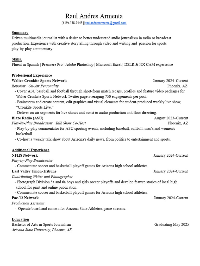 raul andres armenta resume | PDF | Arizona State University | Mass Media