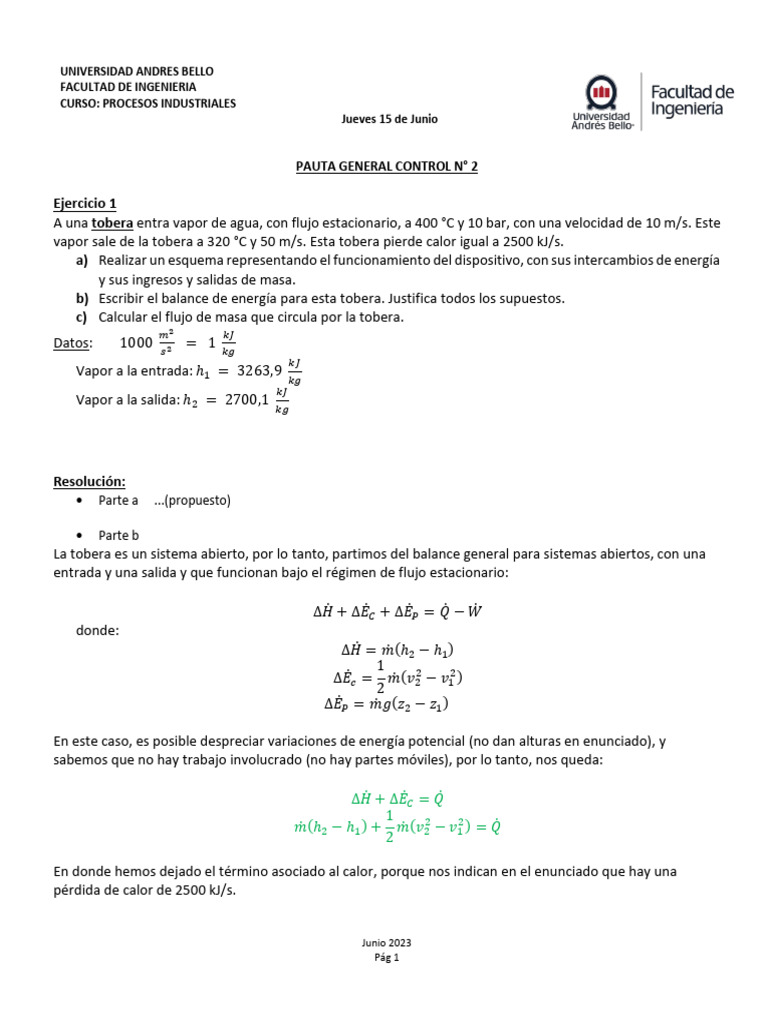 Pauta Control 2 - CIND100 - 2023 (Corregida) | Descargar gratis PDF | Boquilla | Calor