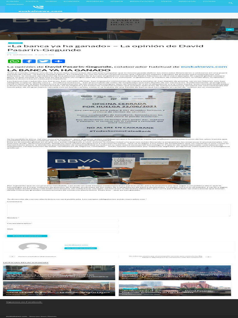 La Banca Ya Ha Ganado - La Opinión de David Pasarin-Gegunde | PDF | Bancos | Economias