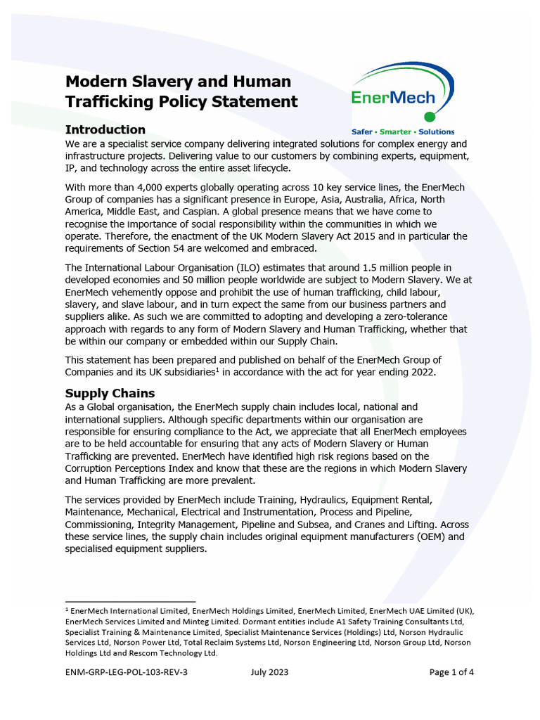 Modern Slavery and Human Trafficking Policy Statement 2023 | PDF ...