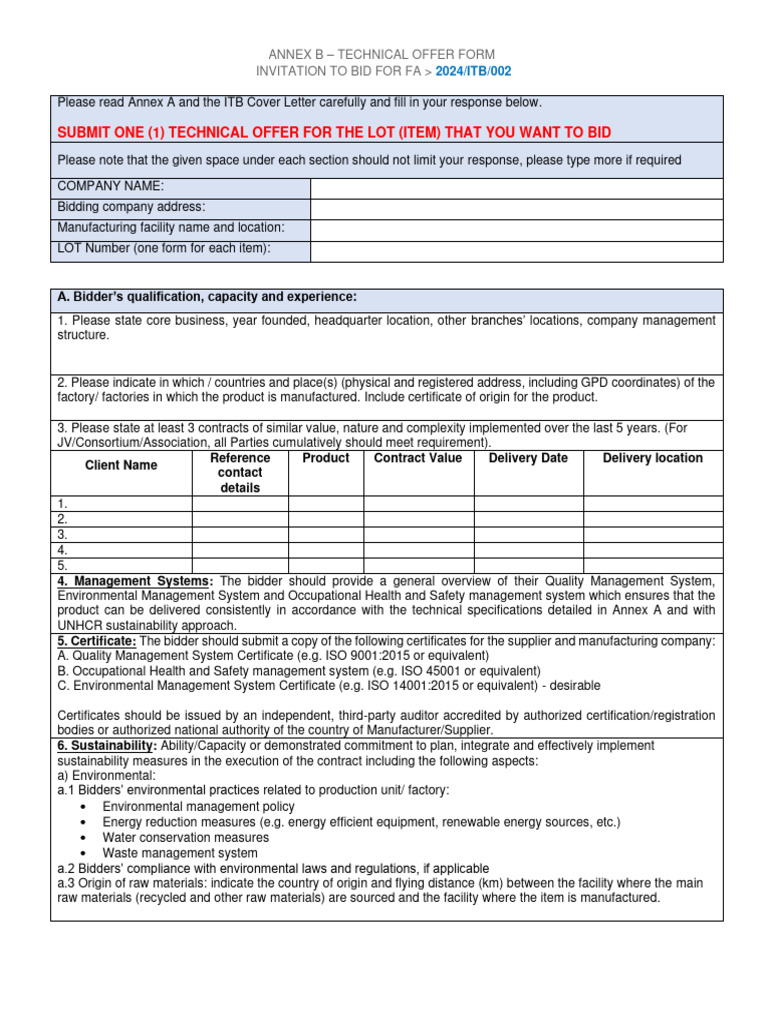Annex B - Technical Offer Form (LOT 1-9) | Download Free PDF ...