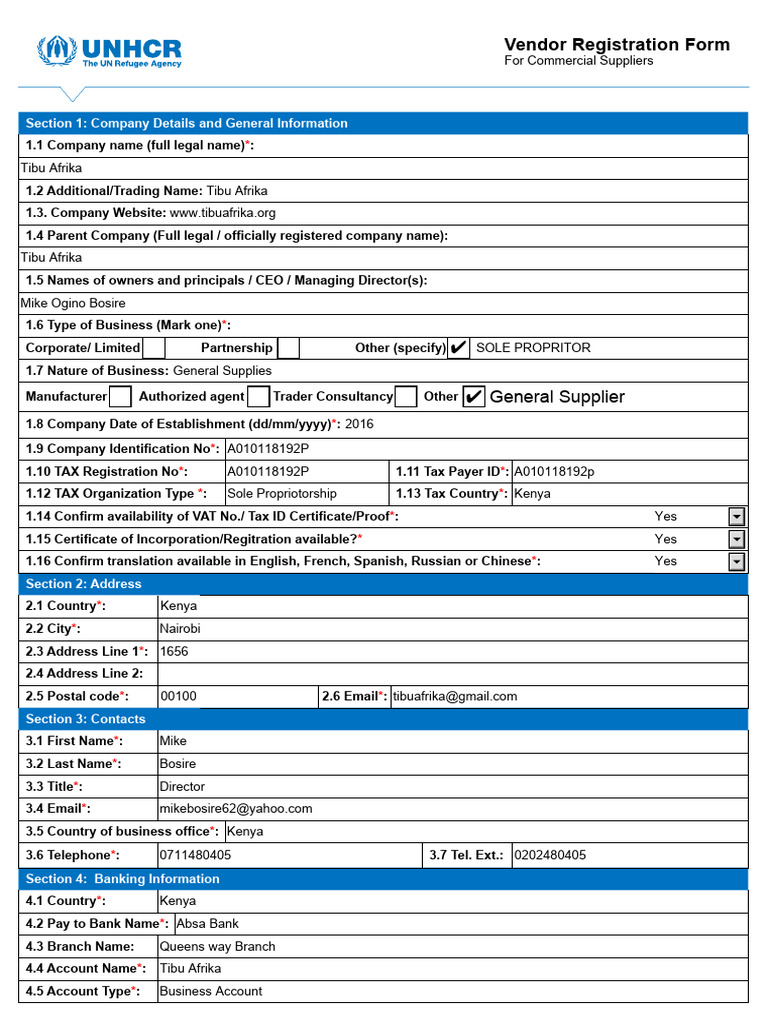 Filled Annex D - Vendor Registration Form | PDF | Sole Proprietorship ...