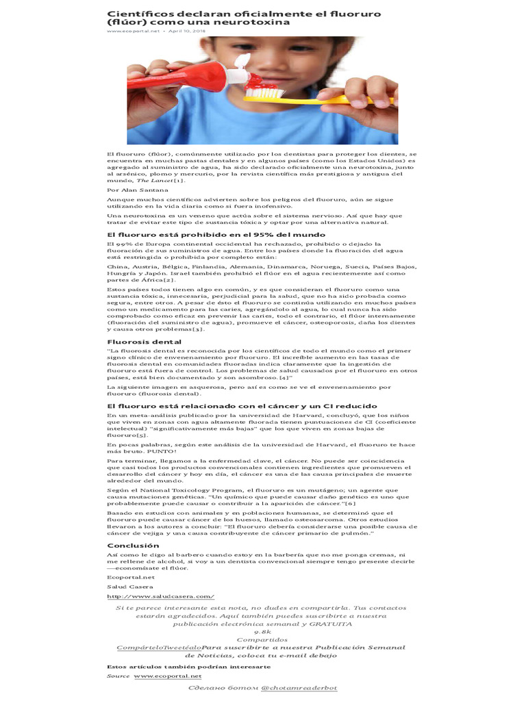 Científicos Declaran Oficialmente El Fluoruro (Flúor) Como Una ... Científicos Declaran Oficialmente El Fluoruro (Flúor) Como Una ...