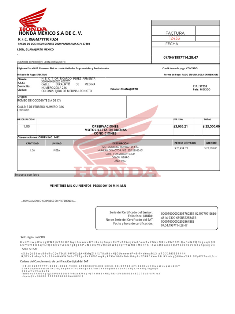 FACTURA HONDA | PDF | Honda | Fabricantes de vehículos de motor de Japón