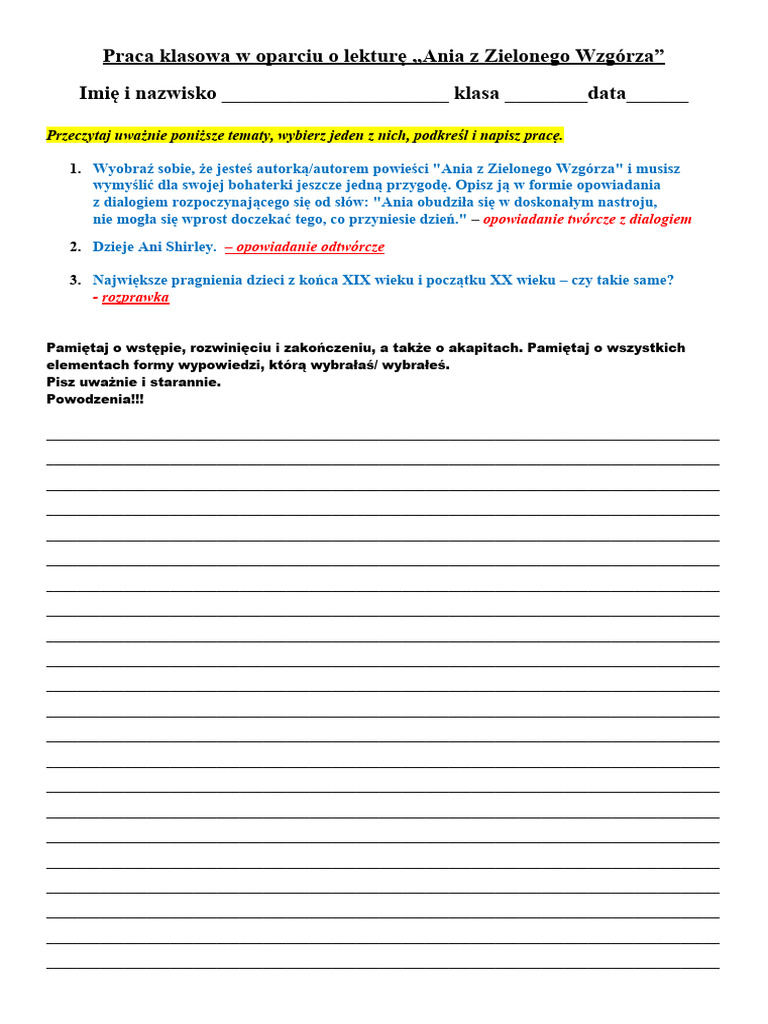 Praca Klasowa W Oparciu o Lekturę Ania Z Zielonego Wzgórza | PDF