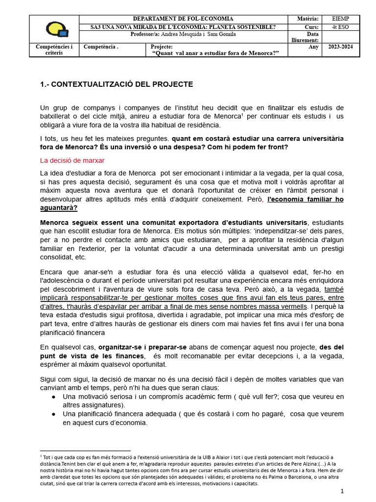 Projecte Quant Val Anar A Estudiar Fora de Menorca 4t Economia202324 | PDF