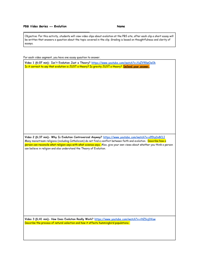 PBS Evolution Video Essay Guide | PDF | Evolution | Theory
