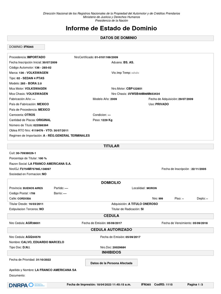 Informe de Dominio VW Bora 2009 | PDF