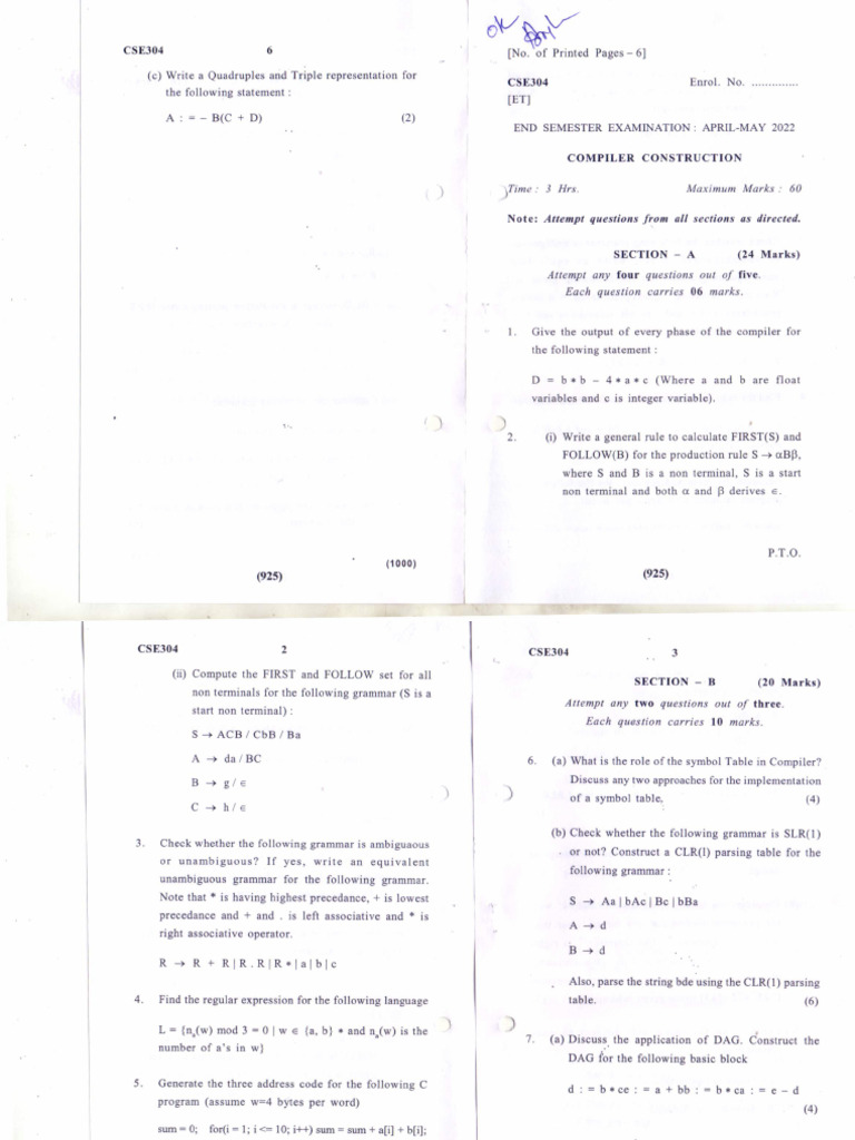 Compiler Construction , (CSE304), APRIL-MAY-22 | PDF