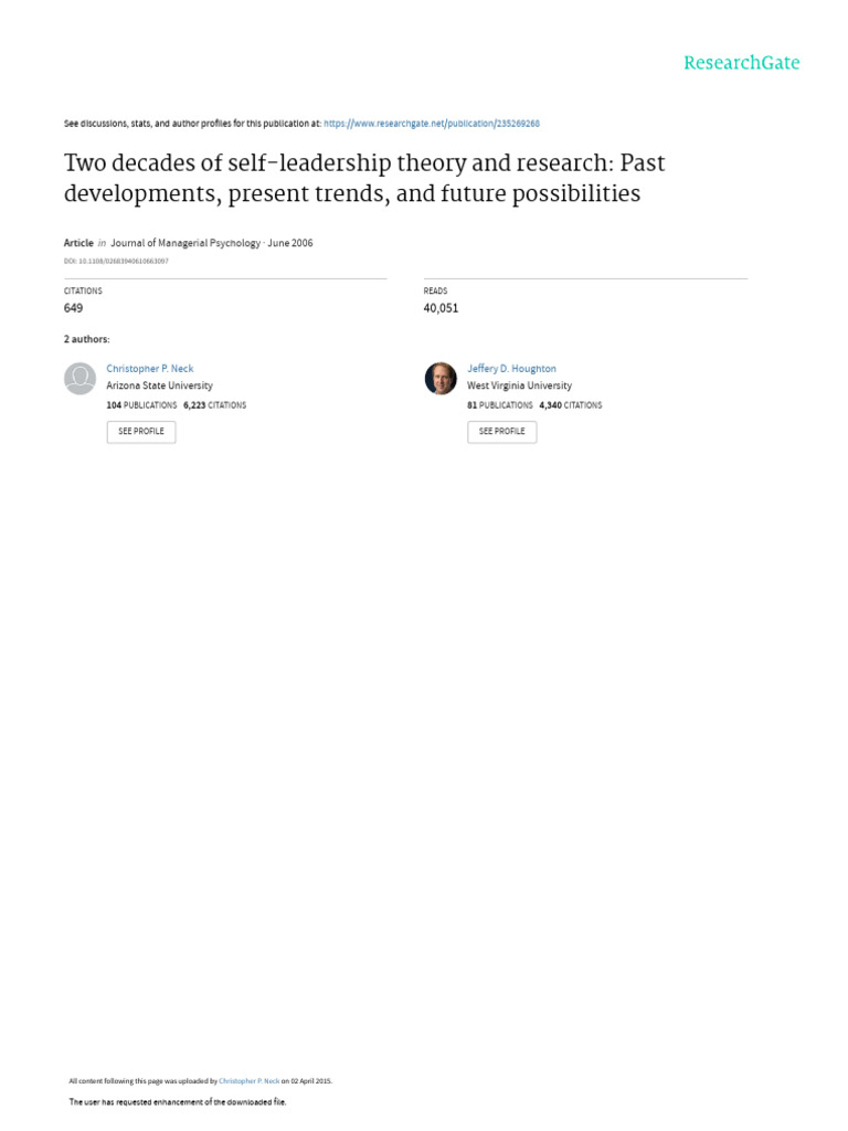 Neck Houston Two Decades of Self-Leadership Theory and Research Past Developments, Present ...