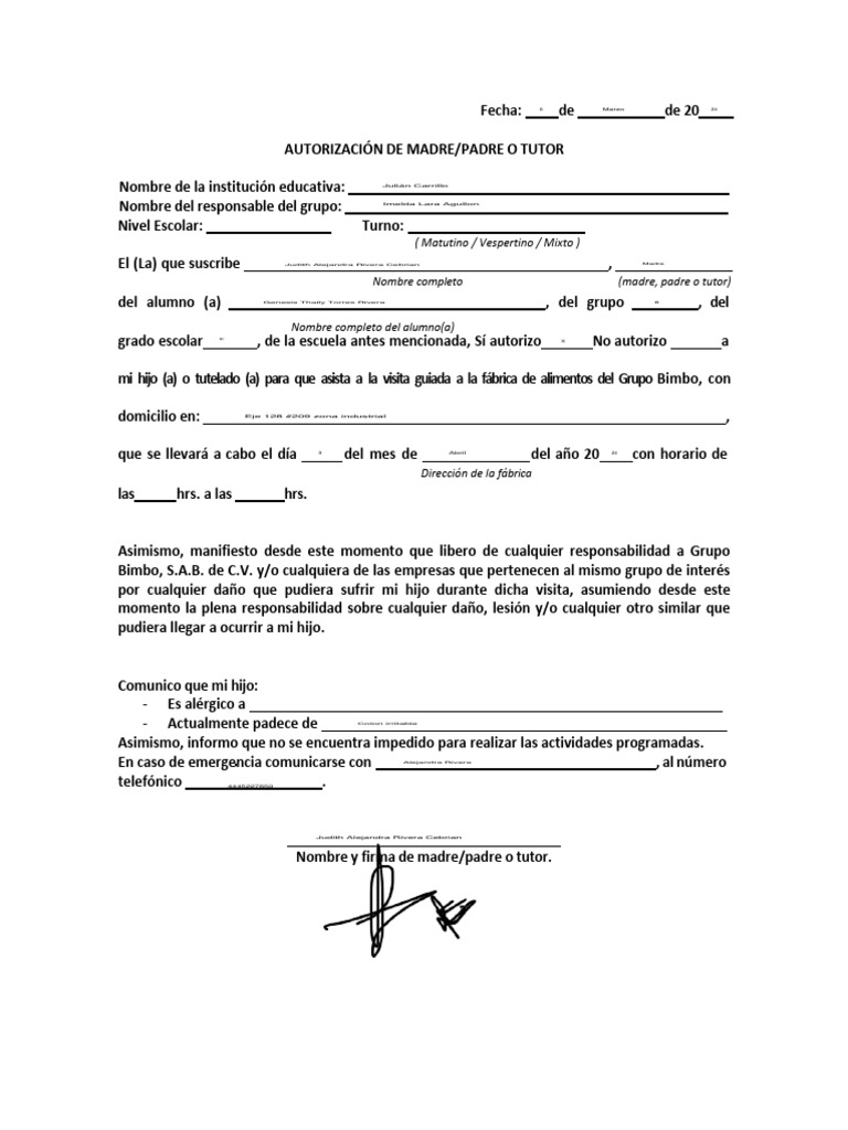 Autorización Madre, Padre o Tutor | PDF