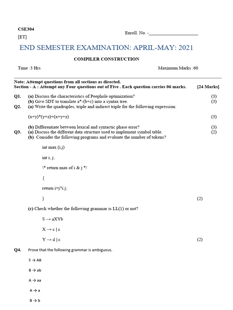 Question Paper Compiler 2021 | Download Free PDF | Compiler | Computer ...
