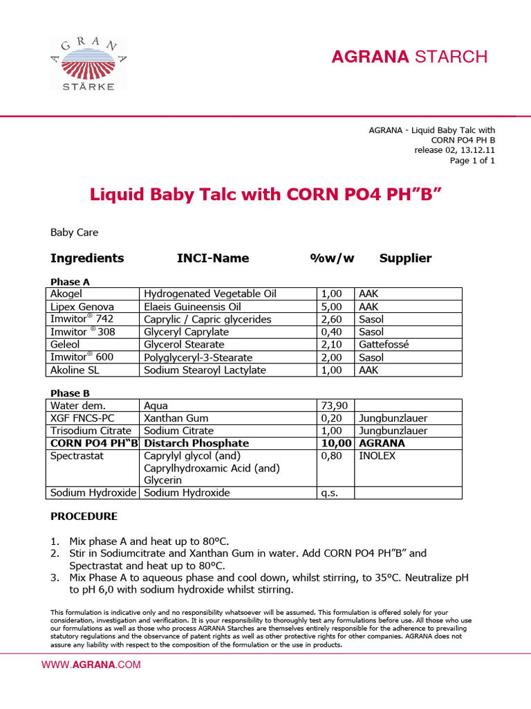 Agrana - Liquid Baby Talc With Corn Po4 PH B | PDF | Ph | Glycerol