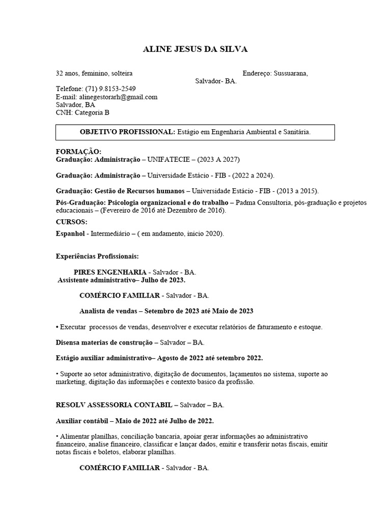 Aline CV Ssa Auxiliar Administrativo-1 | PDF | Microsoft | Contabilidade