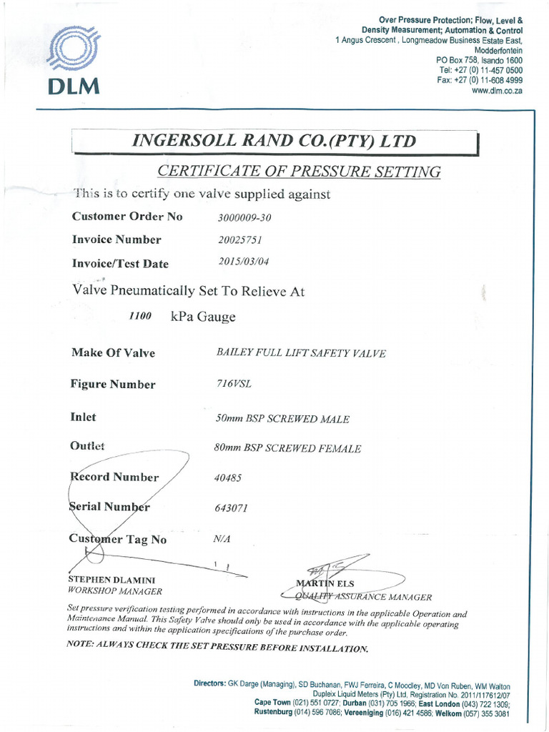 Certificate of Pressure Setting | PDF