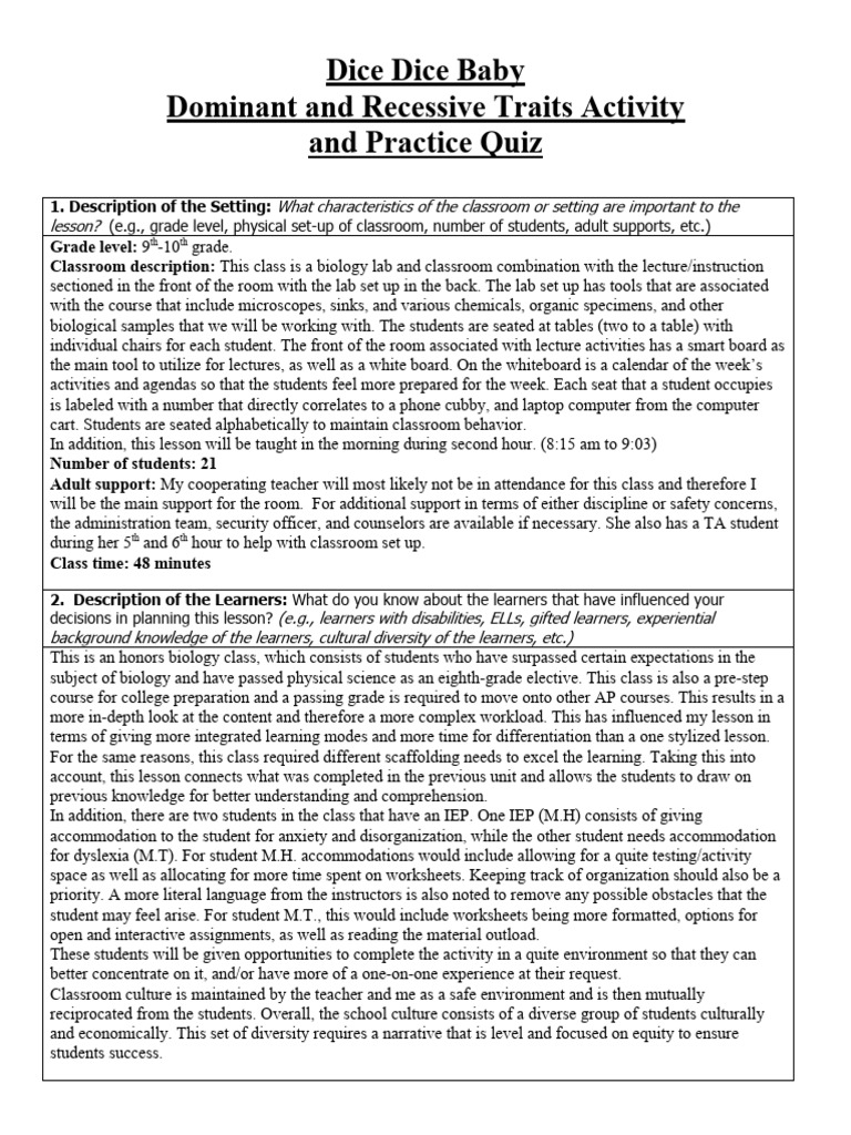 Dice DIce Baby Activity and Practice Quiz Lesson Observation 3 | PDF ...