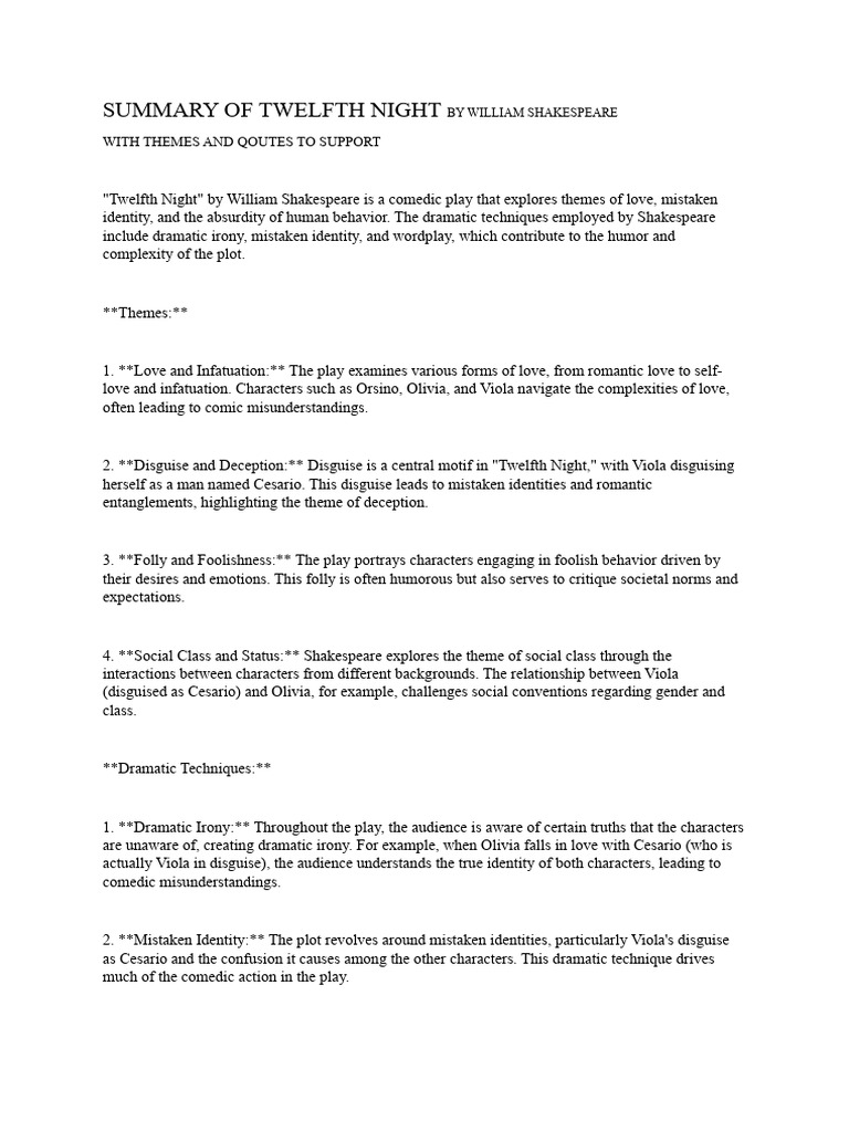 Summary of Twelfth Night by William Shakespeare | PDF | Twelfth Night