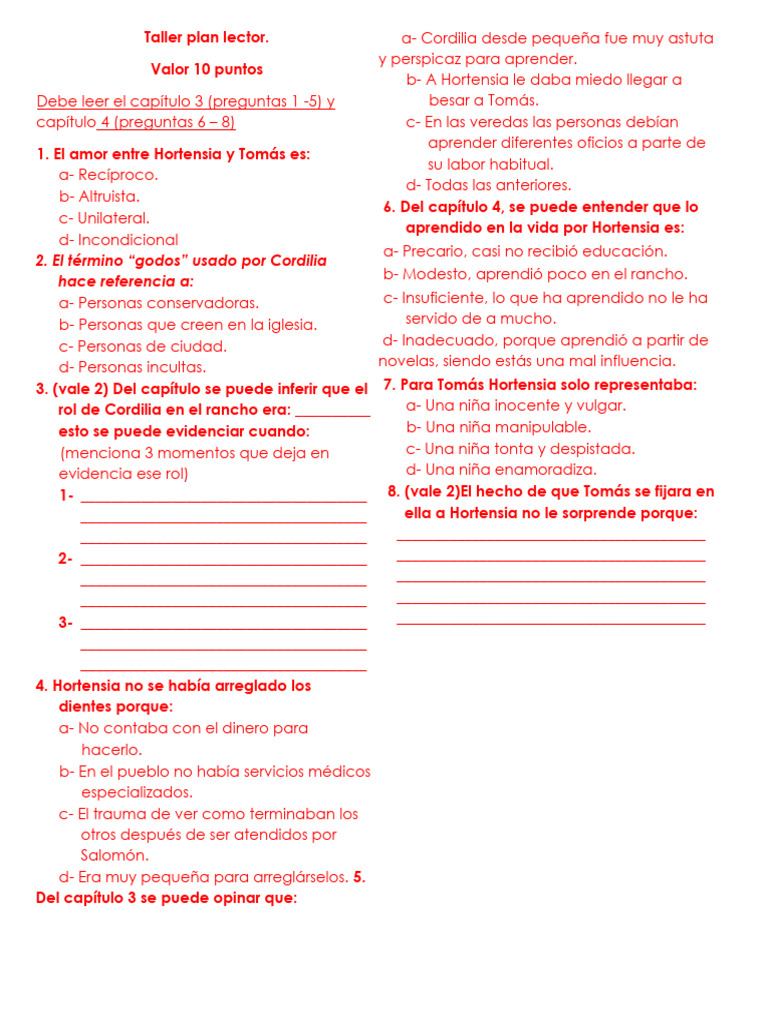 Taller Plan Lector Capítulo 3 y 4 | PDF