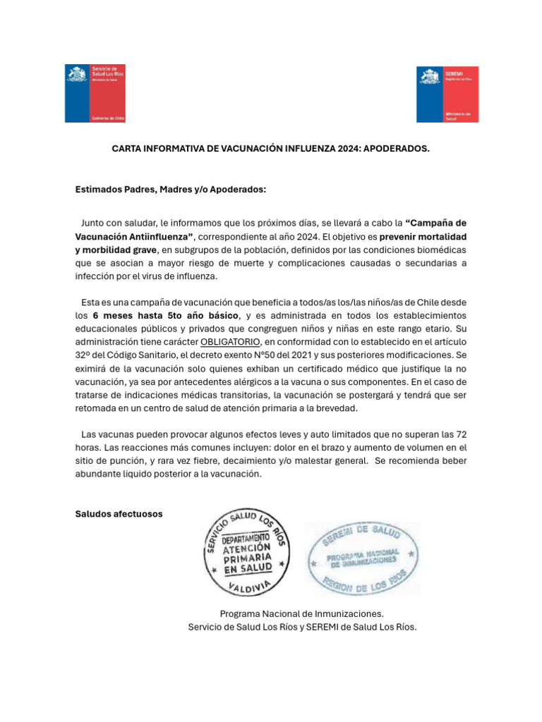 Carta Apoderados Campaña Influenza 2024 | PDF