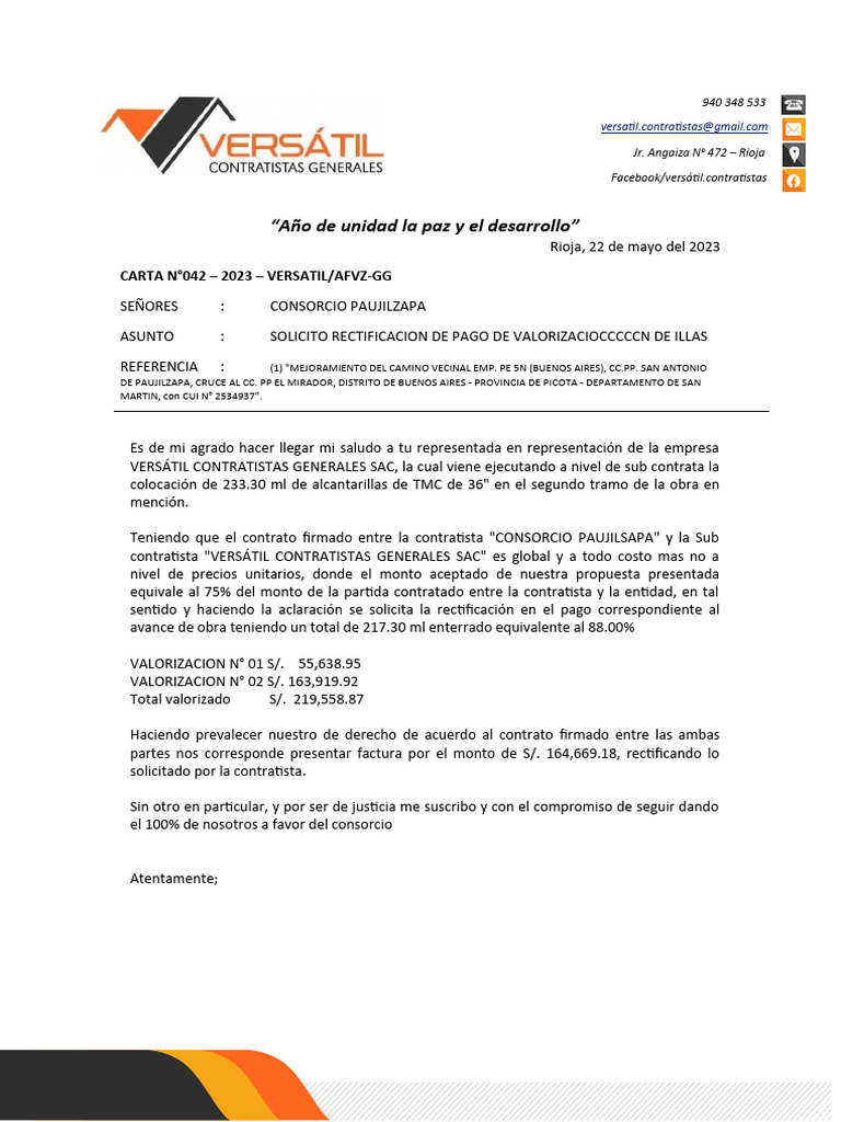 CARTA N°42 - RECTIFICACION DE PAGO | PDF