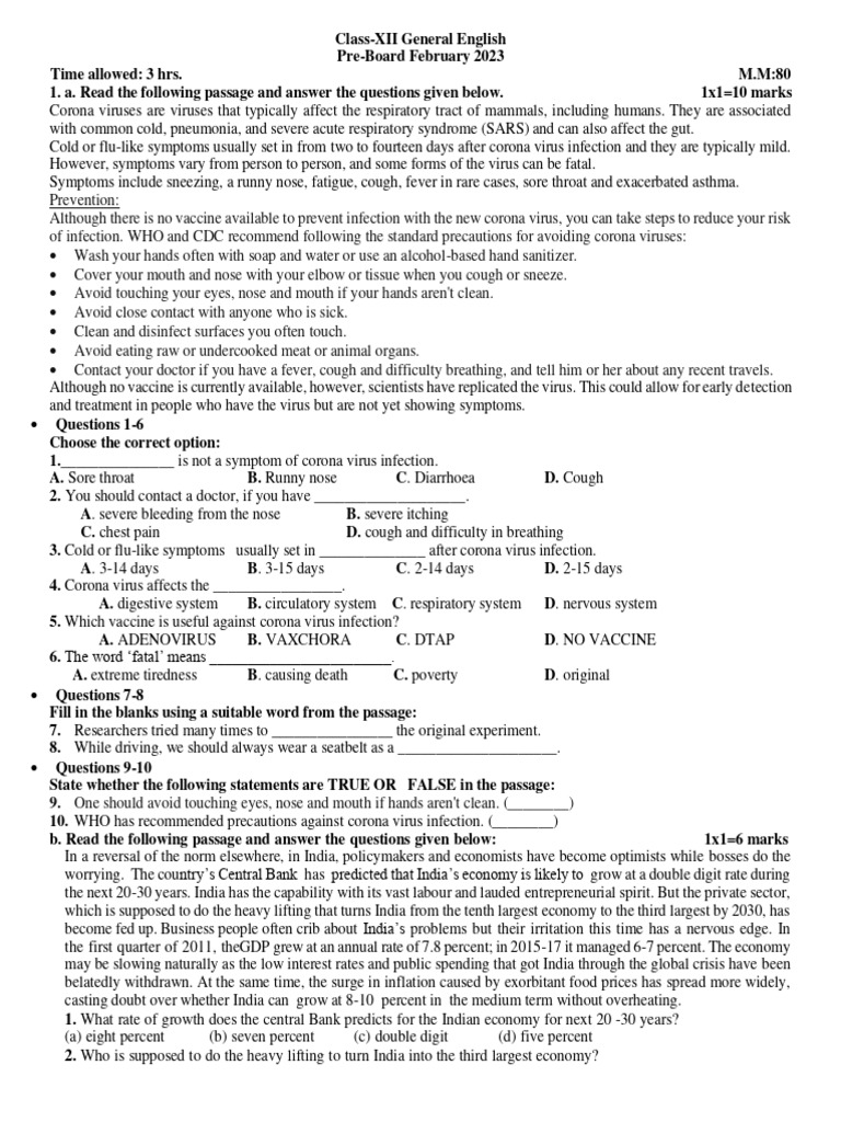 XII English Pre Board | PDF | Common Cold | Medical Specialties