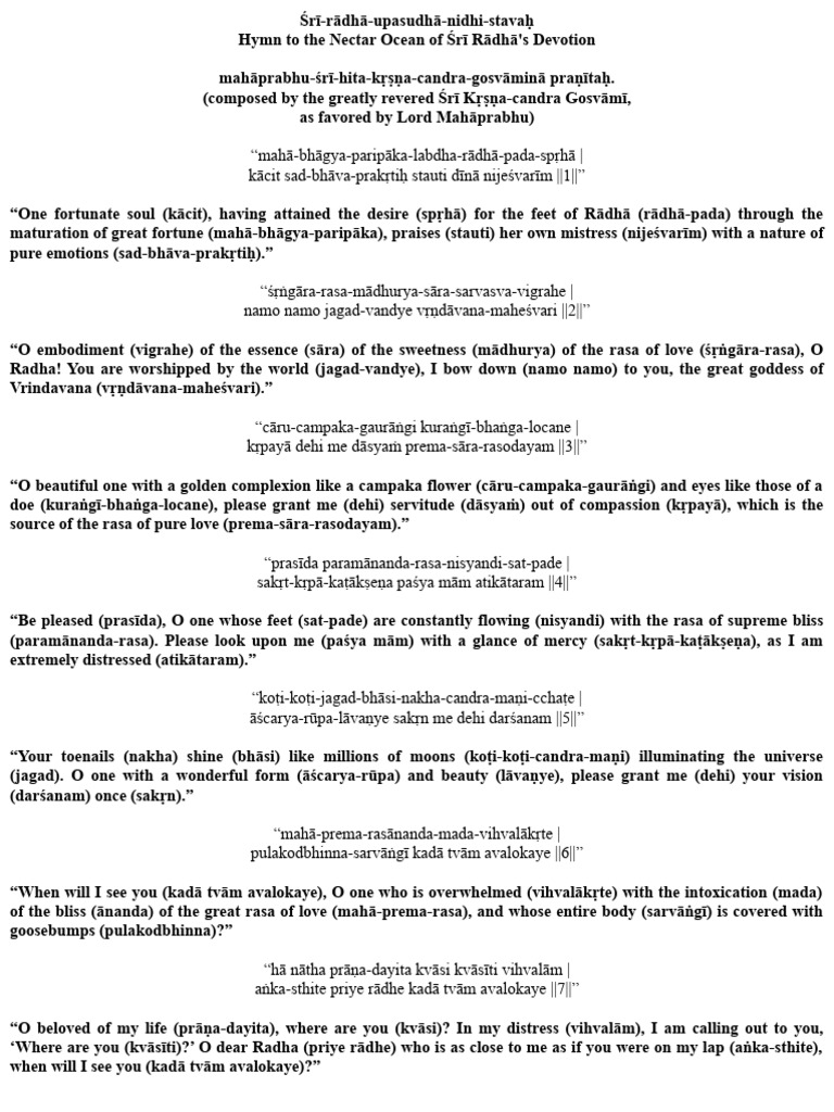 Sri Radha Upasudha Nidhi Stava | PDF | Religion & Spirituality
