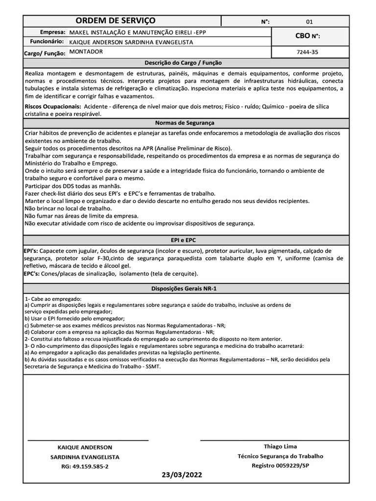 ORDEM DE SERVIÇO - MONTADOR | PDF