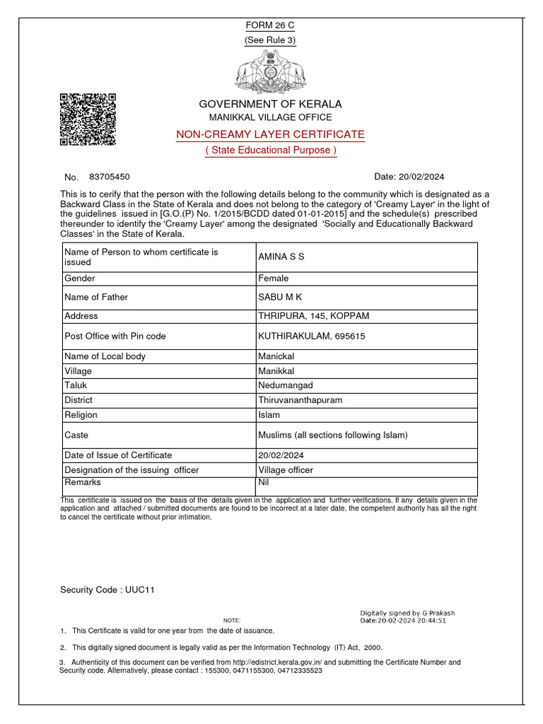 Non Creamy Layer State Prupose Amina | PDF