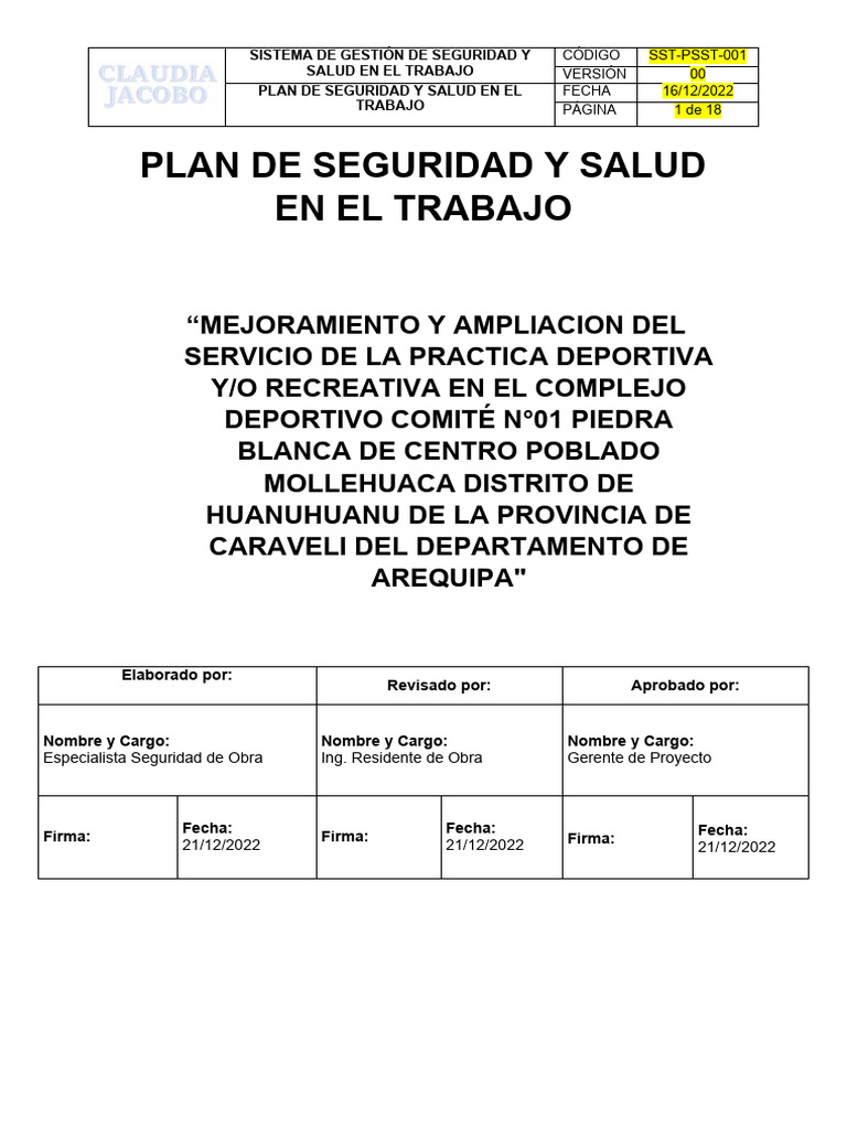 SST-PSST-001 - Plan de Seguridad y Salud Ocupacional en El Trabajo 1 | PDF | Seguridad y salud ...