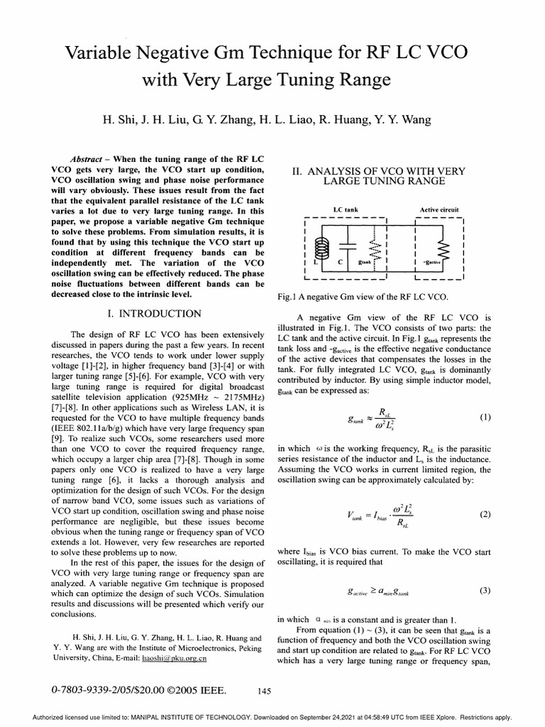 Variable Negative GM Technique For RF LC VCO With Very Large Tuning ...