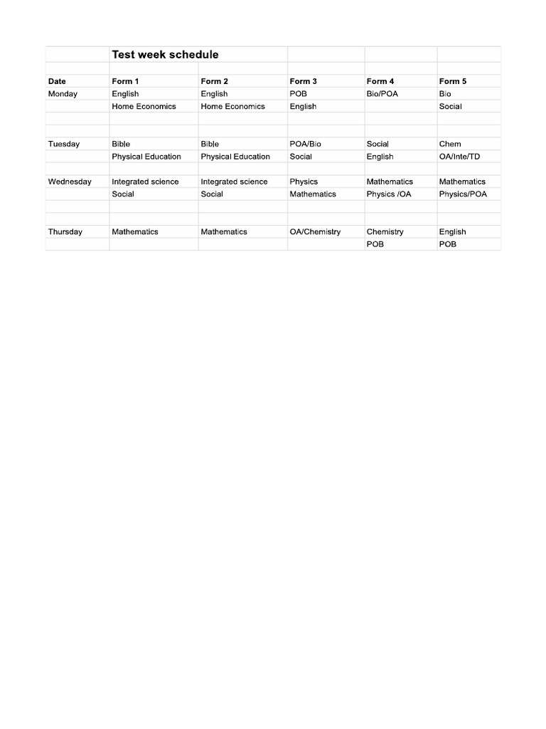 Test Week Schedule | PDF