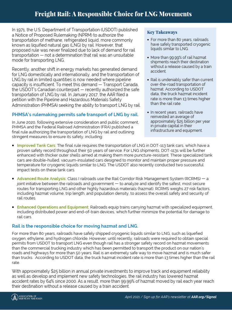 AAR LNG Fact Sheet | PDF | Liquefied Natural Gas | Rail Transport